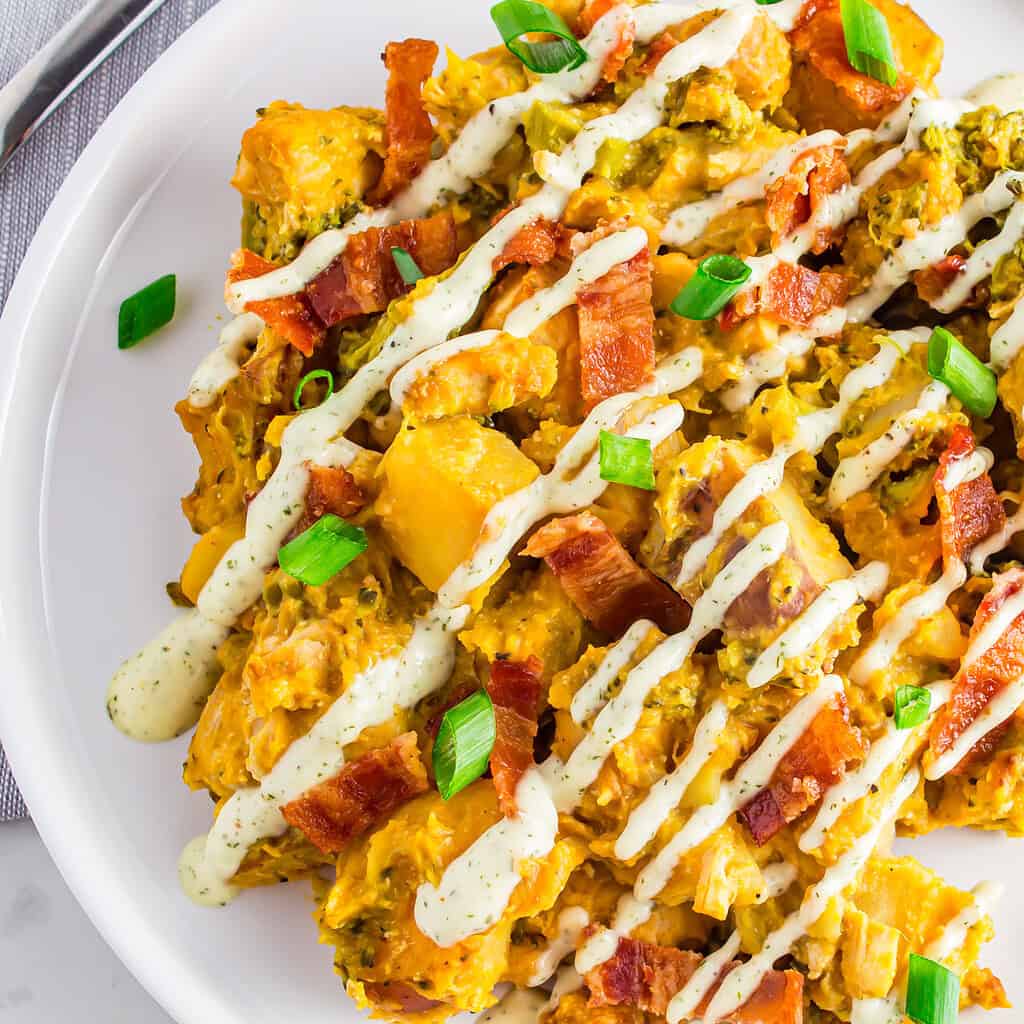 Slow Cooker Loaded Potatoes With Chicken {Paleo Option} - Joyfully Full